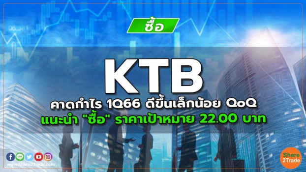 KTB คาดกําไร 1Q66 ดีขึ้นเล็กน้อย QoQ แนะนำ "ซื้อ" ราคาเป้าหมาย 22.00 บาท | Share2Trade